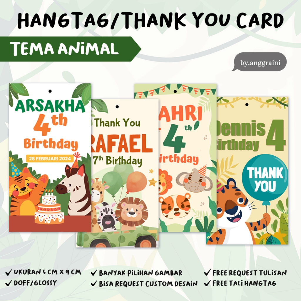 Jual Hang Tag Ulang Tahun Animal Safari Zoo Custom - Birthday Tag - Thank You Card - Kartu ...