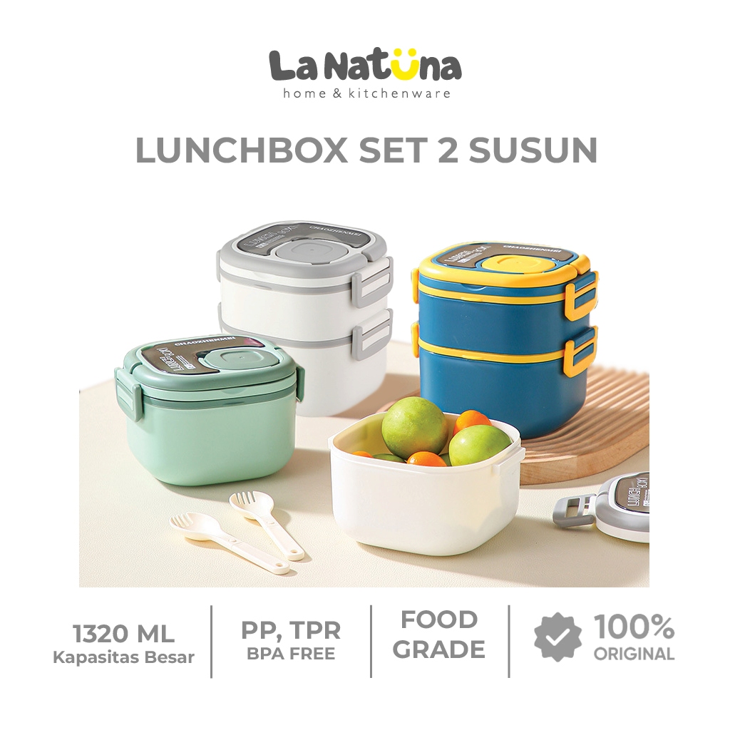 Jual La Natuna Tempat Makan Lunch Box Kotak Makan 2 Susun Tingkat Sendok Set Bento Rantang Susun ...