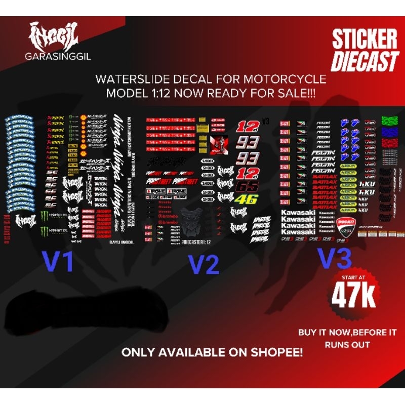 Jual STICKER SET WATERSLIDE DECAL DIECAST MOTORCYCLE 1:12 | Shopee ...