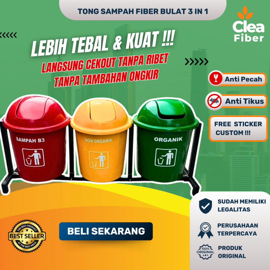 Jual TEMPAT SAMPAH FIBER 3 PILAH BULAT ORGANIK, ANORGANIK, B3 50 LITER ...