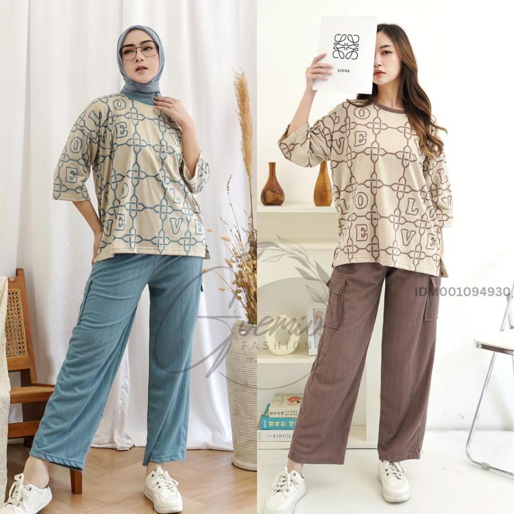 Jual ilook| LD 120 One Set Kelyn Setelan Katun Knit Atasan Dan Celana Panjang Wanita Polos ...