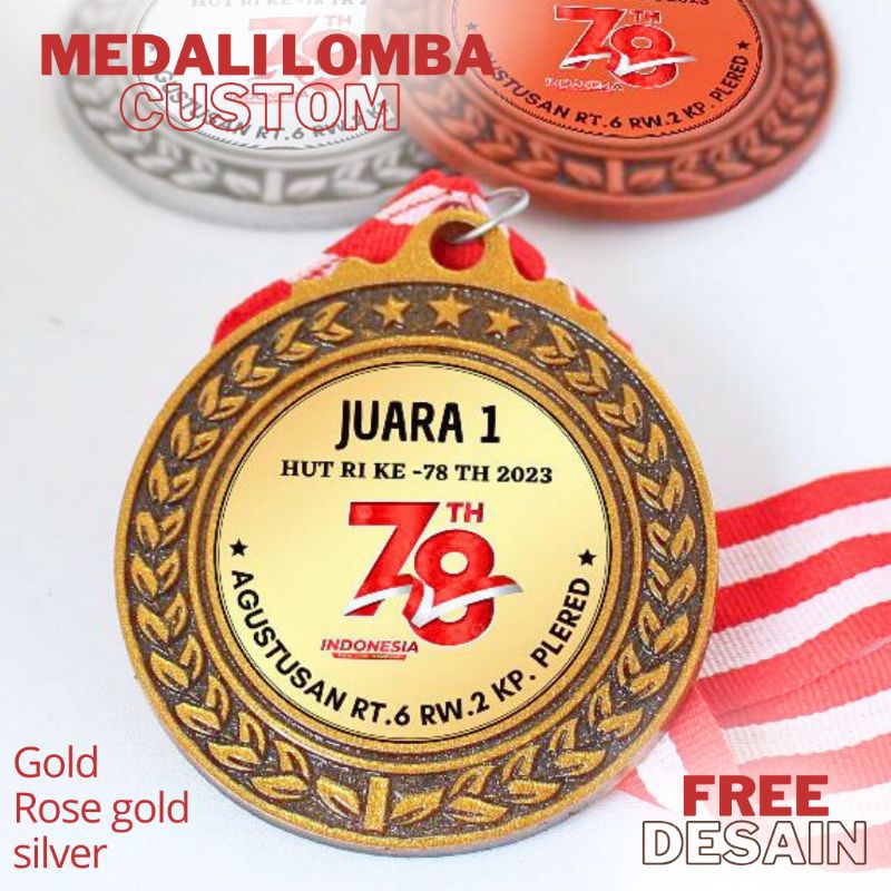 Jual Medali costum Warna Emas Perak Perunggu Plus Tali Merah Putih bisa ...