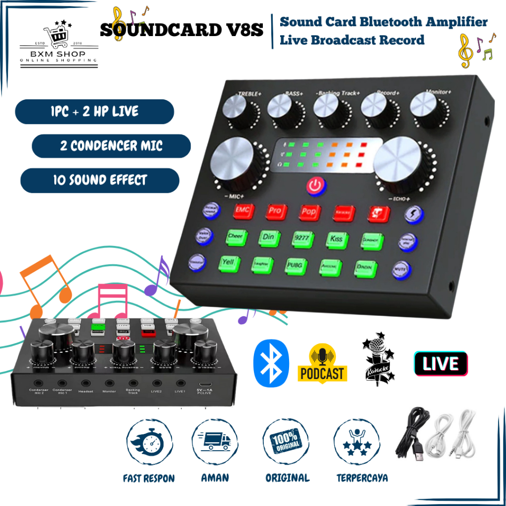 Jual Soundcard V8s Broadcast Microphone Bluetooth V8S SoundCard Live Mixer Audio USB External ...