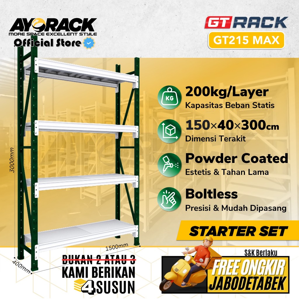 Jual RAK GUDANG BESI GT RACK GT215 MAX 3 METER 4 SUSUN LEBAR 40CM P 1.5 ...