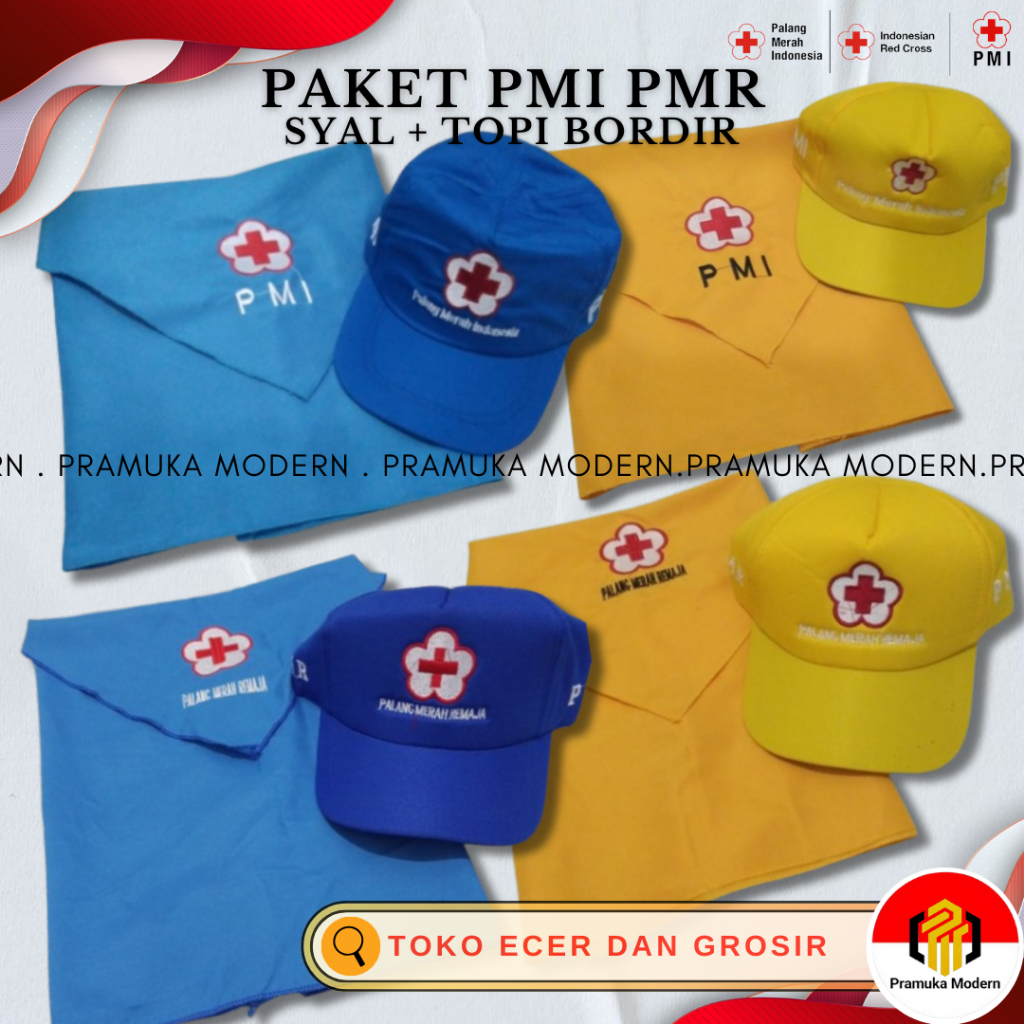 Jual Paket ( syal + topi) PMI PMR kuning dan biru Palang Merah ...