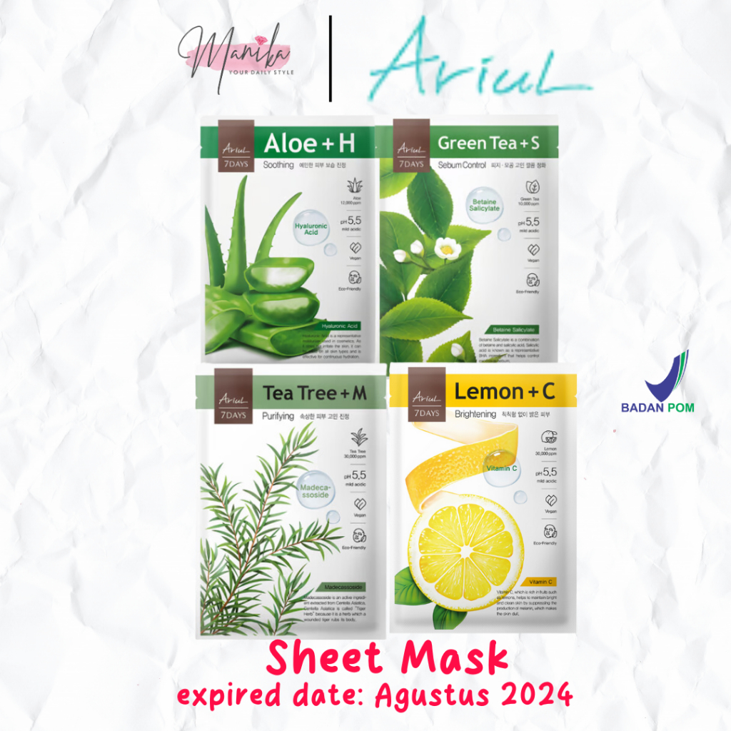 Jual Ariul Sheet Mask 7 Days Aloe Vera Greentea Tea Tree Lemon Vit C ...