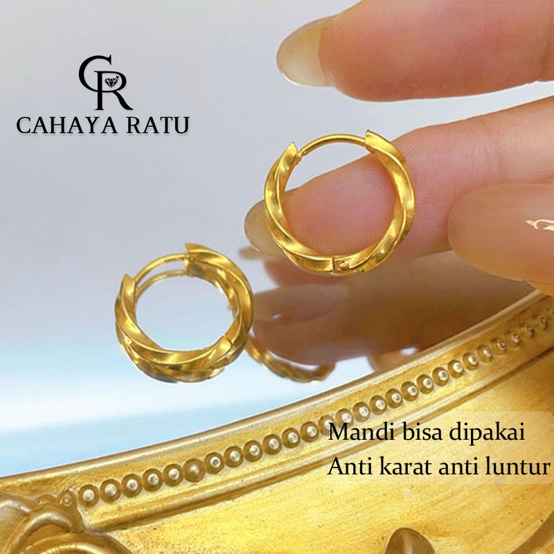 Jual CR • Anting Hoop Titanium Bulat Emas 18K Anti Karat Cantik Korea ...
