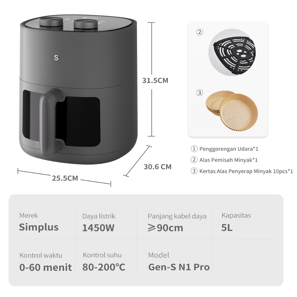Jual Simplus Air Fryer 5L Kaca Tampilan Besar Model LCD layar sentuh hologram Multifungsi ...