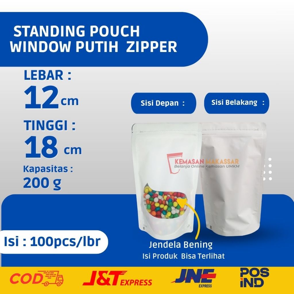 Jual Standing Pouch Window Transmetz Putih 200 gr 12 x 18 cm (isi 100 ...