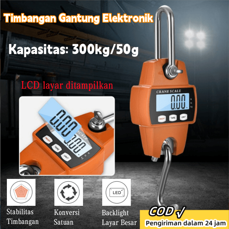Jual Timbangan Digital Gantung Timbangan Crane 300kg Timbangan Digital LED Oranye LCD Smart ...