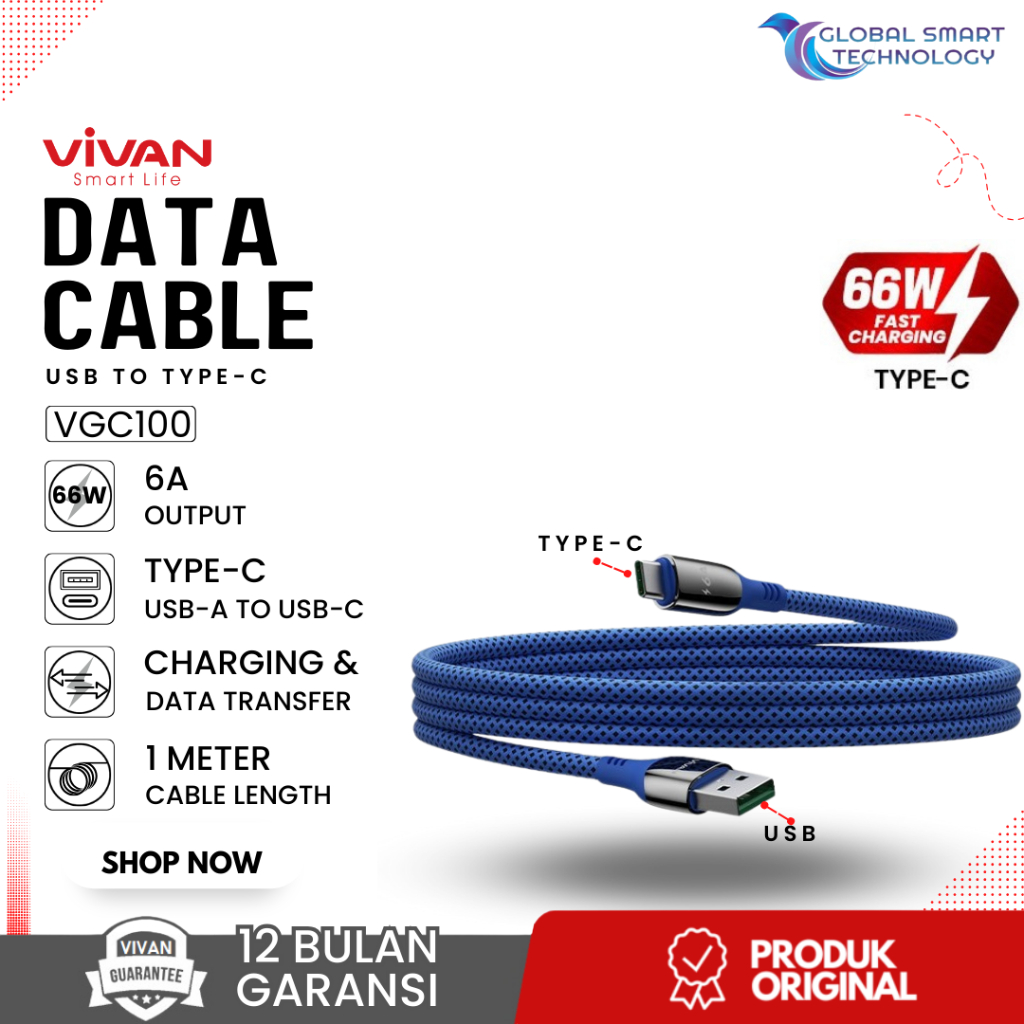 Jual VIVAN VGC100 Kabel Cable Data Charger PD QC 3.0 USB To Type-C 66W 6A Fast Charging 100cm ...