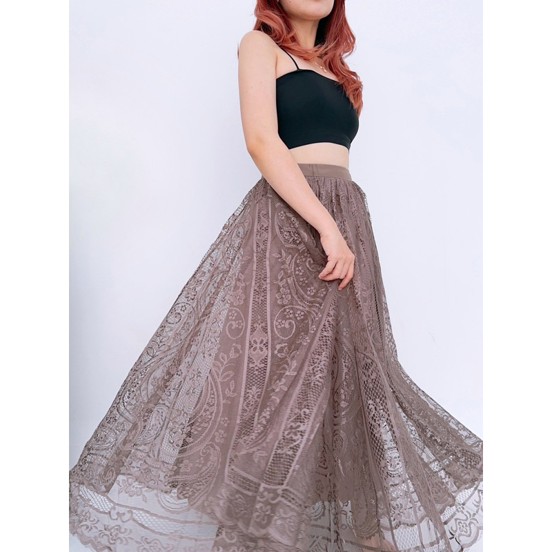 Jual Flowy skirt super stretch korean midi rok wanita A-line lace skirt ...