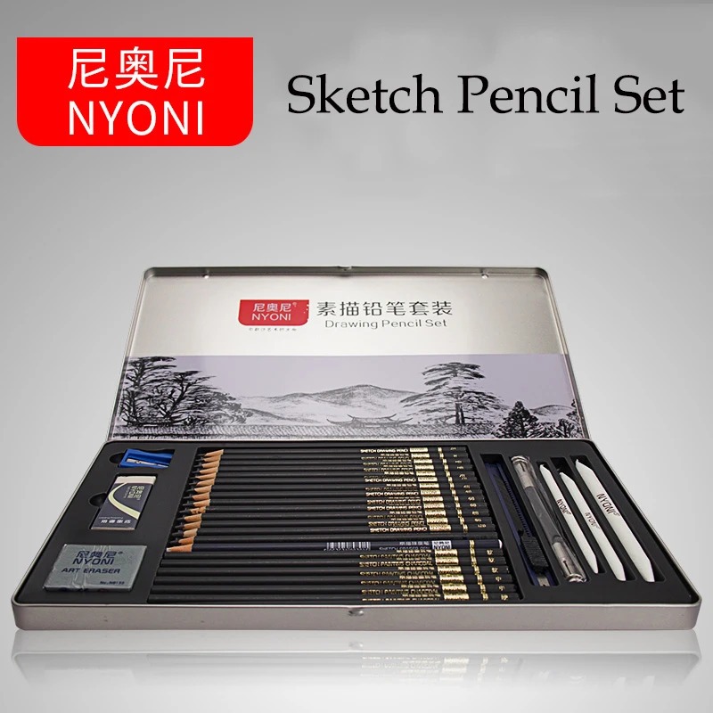 Jual NYONI Drawing Pencil Gambar Set 29 pcs Metal Tin Box Pensil Gambar ...