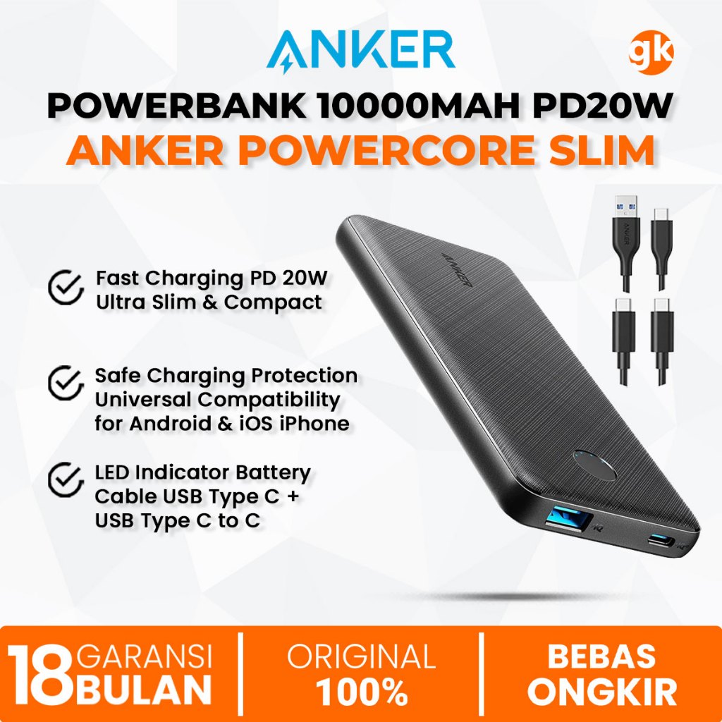 Jual ANKER PowerCore Slim 10000mAh Fast Charge PD 20W USB Type C Ultra ...