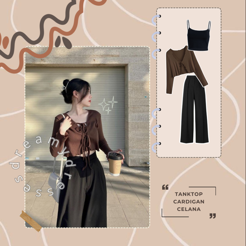 Jual ONE SET 152 - (Tanktop, Cardigan, Celana) OOTD Korean Style Retro vintage Aespa Cewek Bumi ...