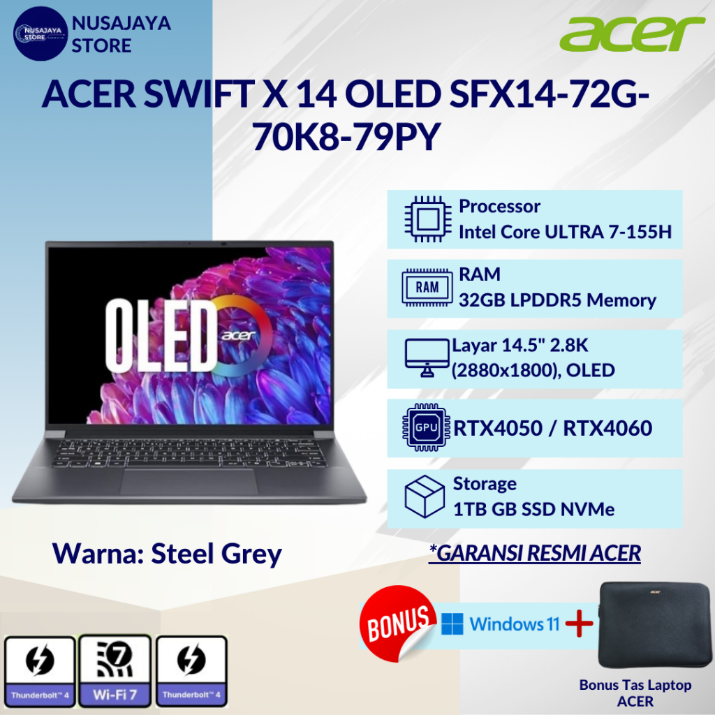 Jual ACER Swift X 14 OLED SFX14-72G Ultra 7-155H 32GB 1TB RTX4060 14.5" 120Hz W11 OHS | Shopee ...