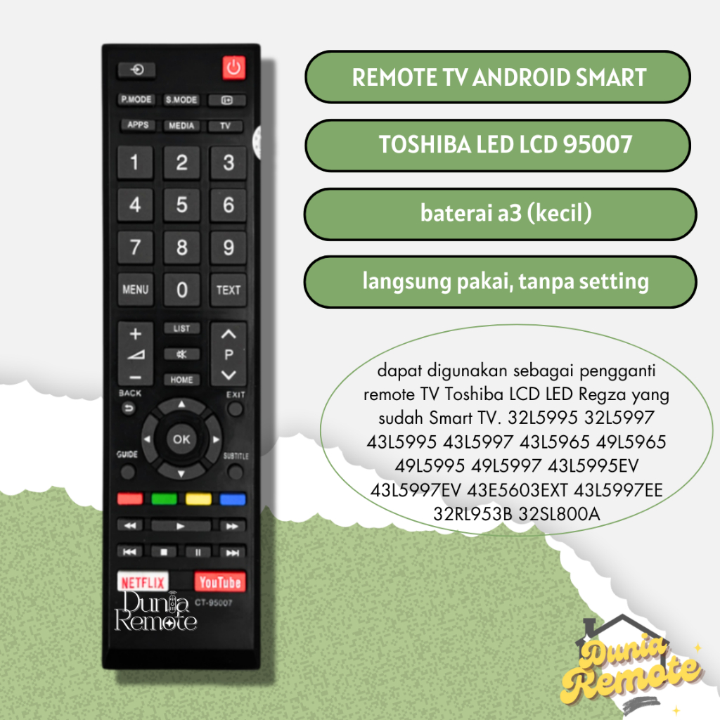 Jual Remot Remote SMART TV TOSHIBA REGZA ANDROID TV LCD LED CT-95007 tanpa setting | Shopee ...