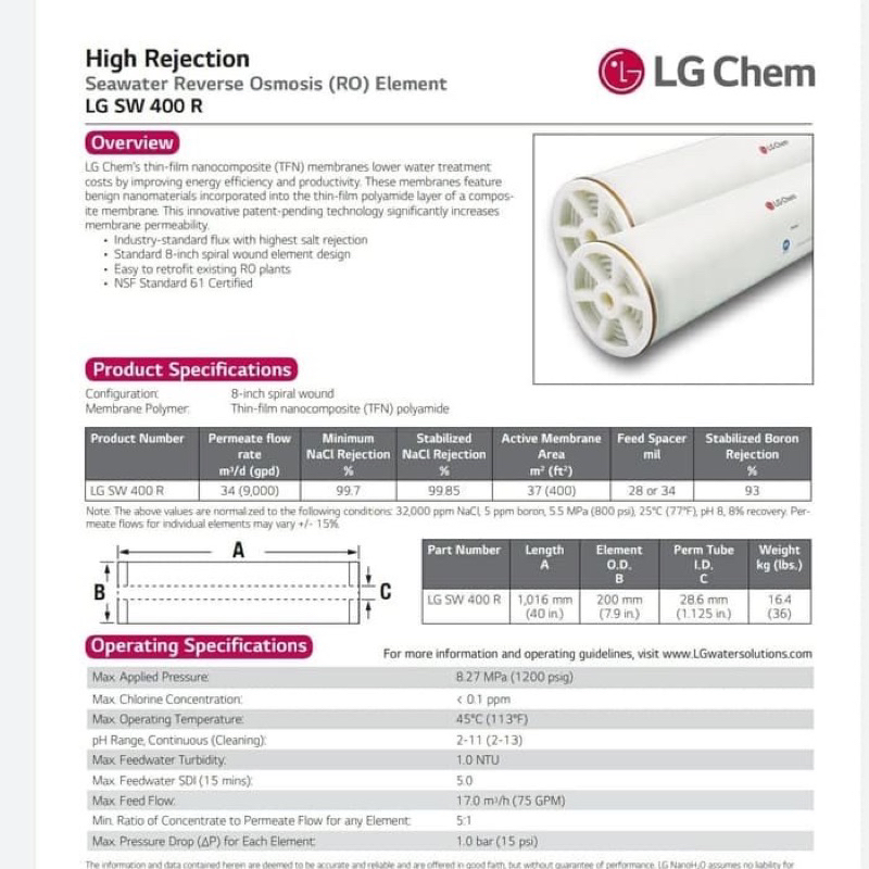 Jual MEMBRAN LG SW 400R 8in MEMBRANE REVERSE OSMOSIS SEA WATER ASLI KOREA | Shopee Indonesia