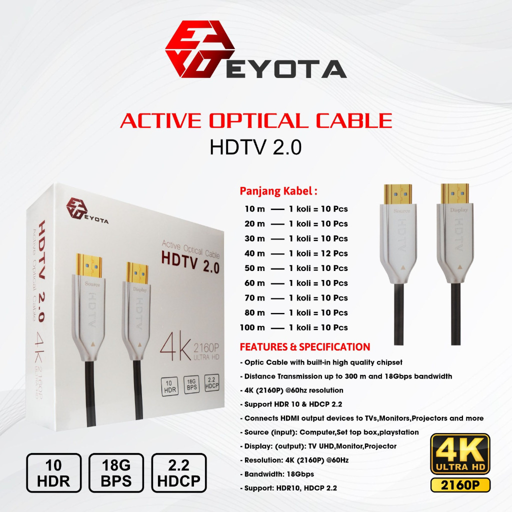 Jual EYOTA KABEL HDMI 2.0V ACTIVE OPTICAL 20M KOMPUTER NOTEBOOK NETWORK ...