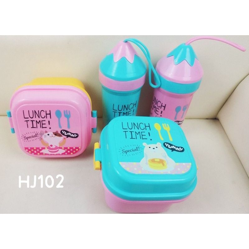 Jual kotak set tempat makan lunch Box bekal makan anak souvenir ultah plus botol minum | Shopee ...