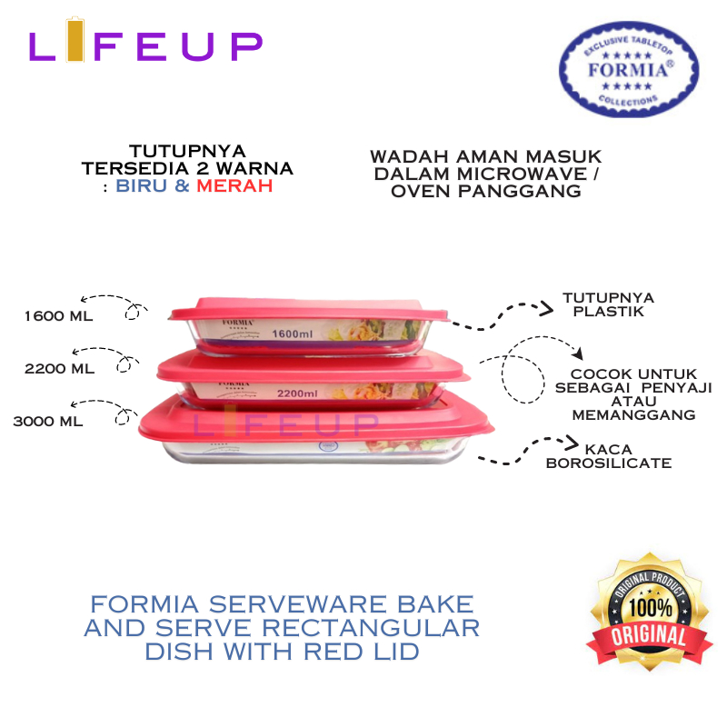 Jual Formia Bake & Serve Rectangular Dish with Red Lid / Mangkok Kaca ...