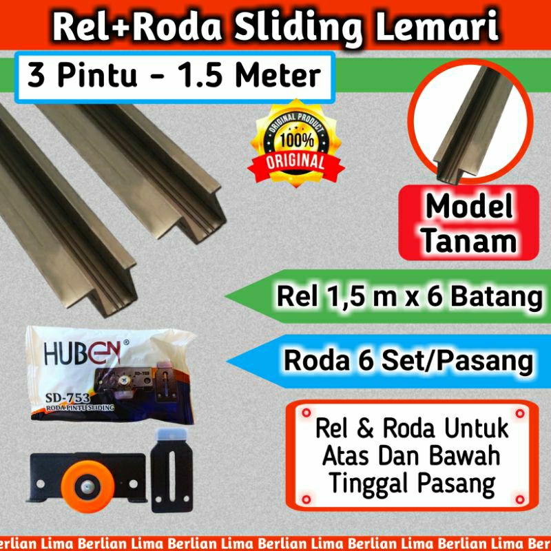 Jual Rel Sliding Lemari SD 753 Tanam 3 Pintu 1,5 Meter Plus Roda Geser ...