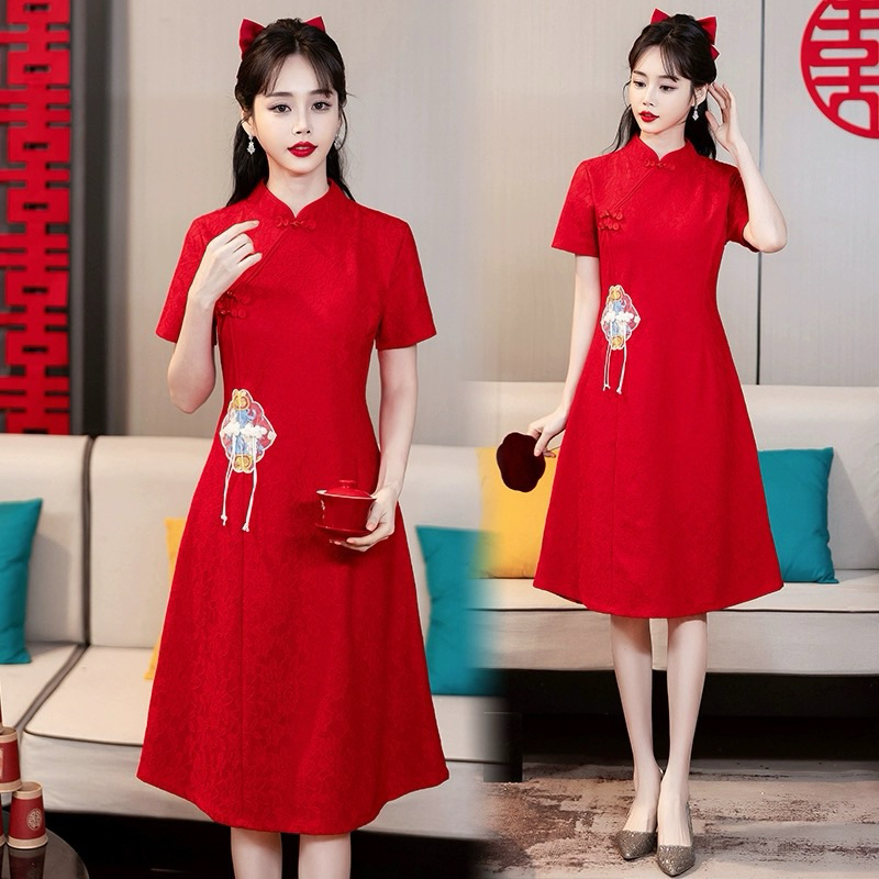 Jual Q29 Gaun Cheongsam Dress Qipao Merah Dress Gaun Hanfu M-4XL Modern ...