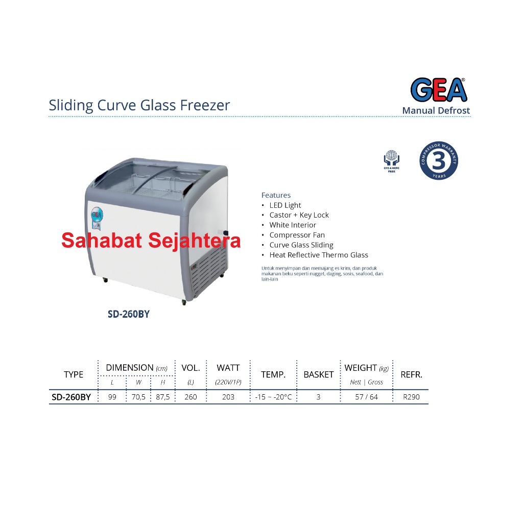 Jual GEA Sliding Curve Glass Freezer SD-260BYR Freezer Sliding Kaca | Shopee Indonesia
