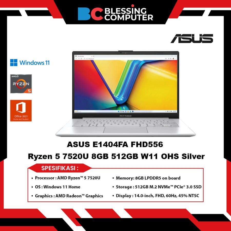 Jual ASUS E1404FA FHD556 Ryzen 5 7520U 8GB 512GB W11 OHS Silver ...