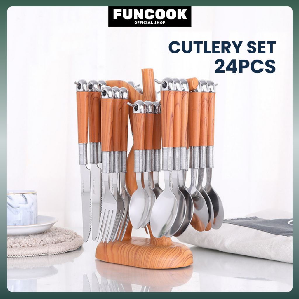 Jual FUNCOOK Sendok Set Cutlery Set 24 Pcs Sendok Kayu Garpu Pisau ...