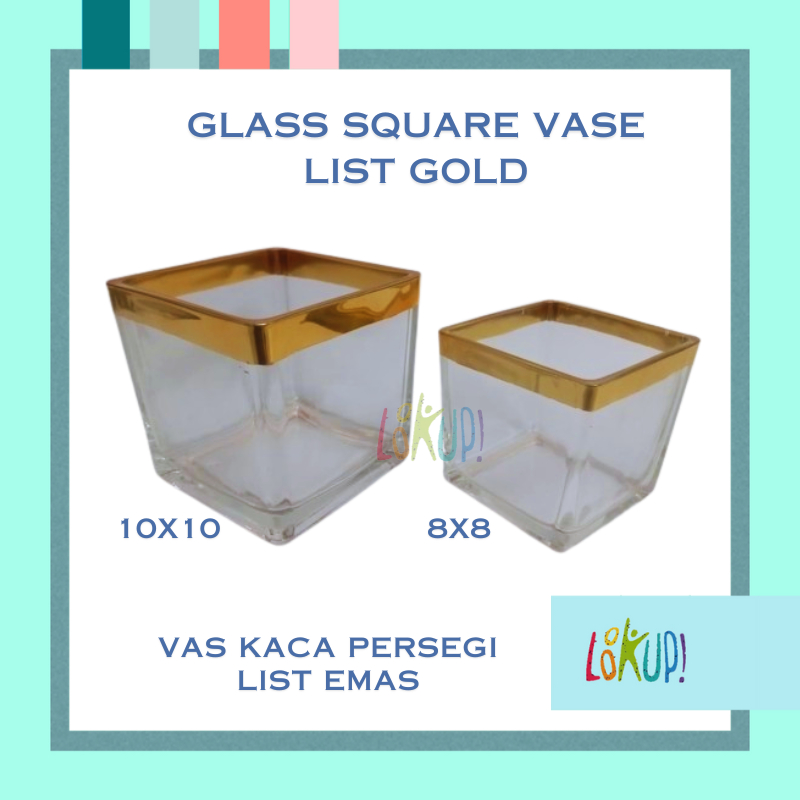 Jual Vas Bunga Kotak Aestetic /Vas Kaca Bening Persegi List Emas/VAS ...