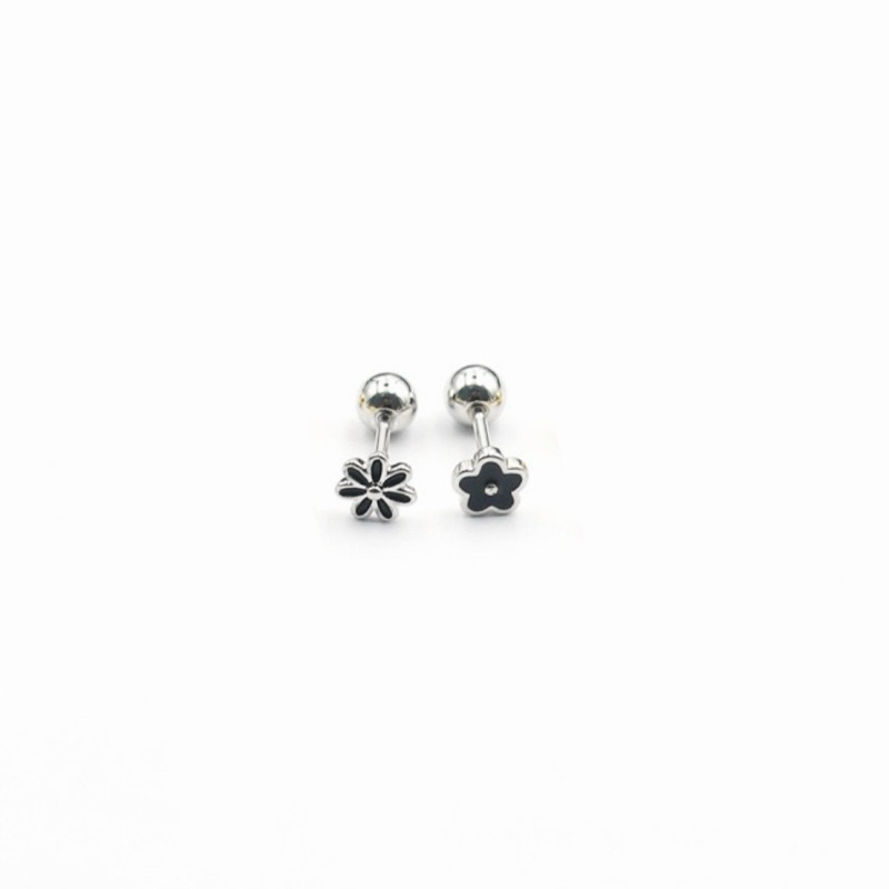 Jual mini black flower ball-end earrings in SILVER colour (A2) / anting ...