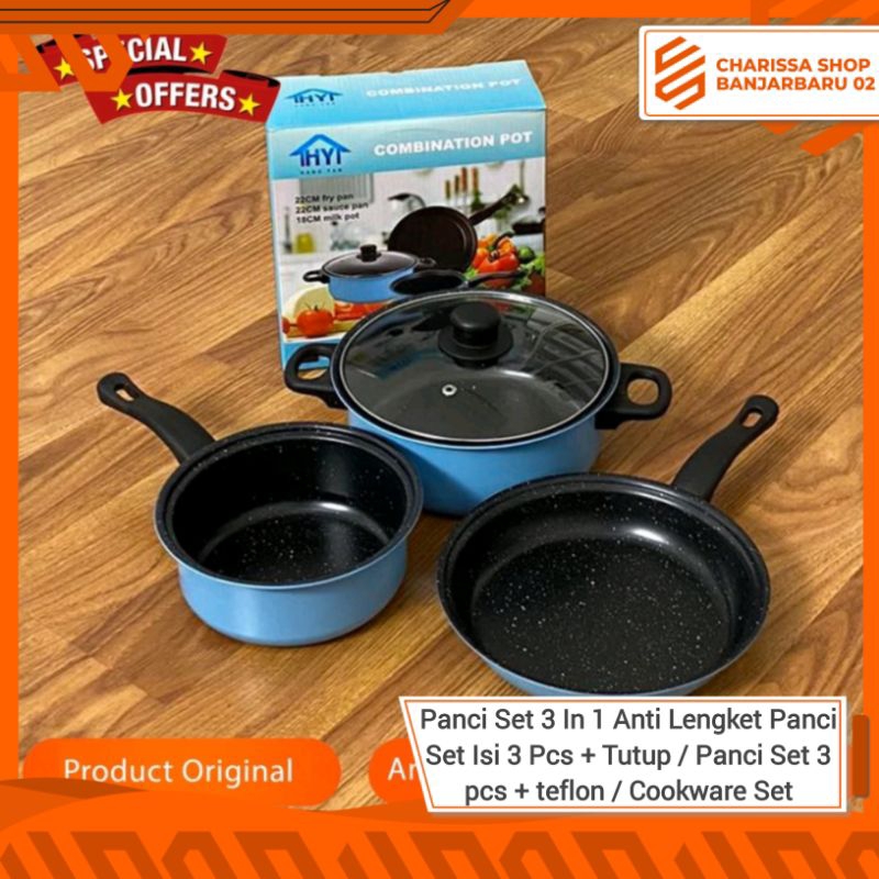 Jual Panci Set 3 In 1 Anti Lengket Panci Set Isi 3 Pcs + Tutup / Panci Set 3 pcs + teflon ...