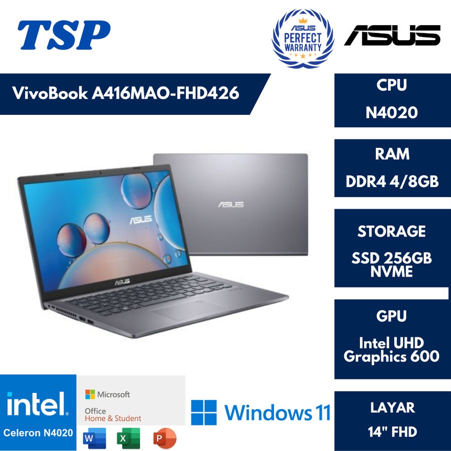 Jual ASUS VIVOBOOK 14 A416MAO Celeron N4020 SSD 256GB 14" W11 OHS21 ...