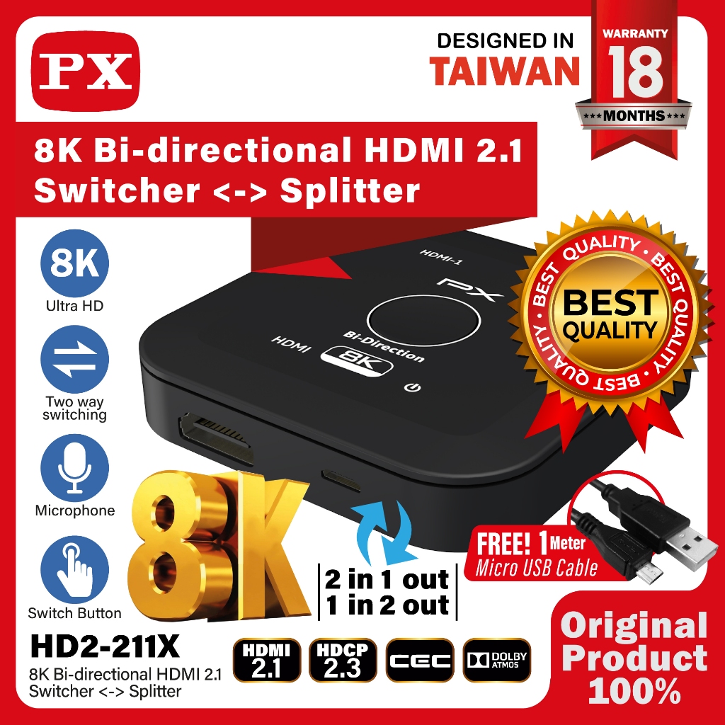 Jual HDMI Switcher Splitter Bi Directional 2 in 1 out 8K 60Hz 2 port PX ...