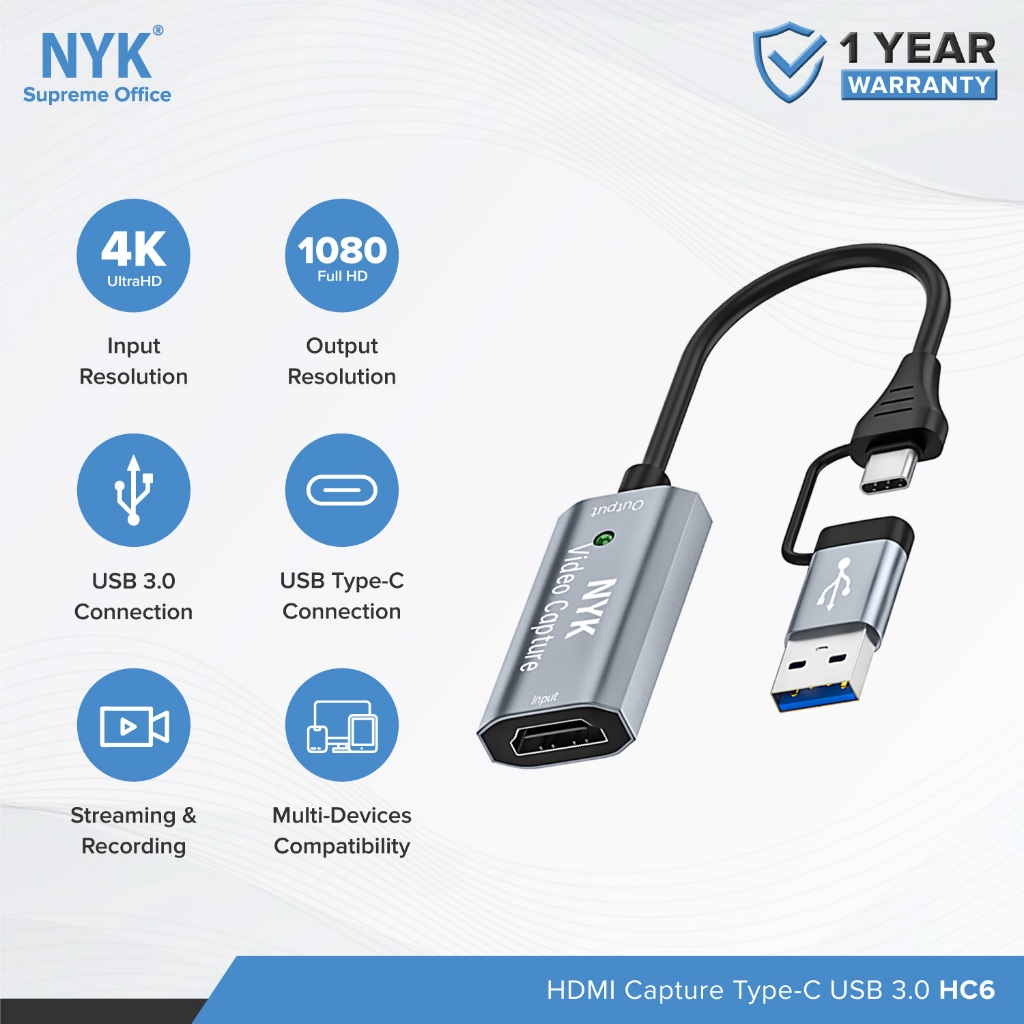 Jual NYK Video Capture Hdmi OTG Usb Kabel Type C to HDMI HC 6 | Shopee ...
