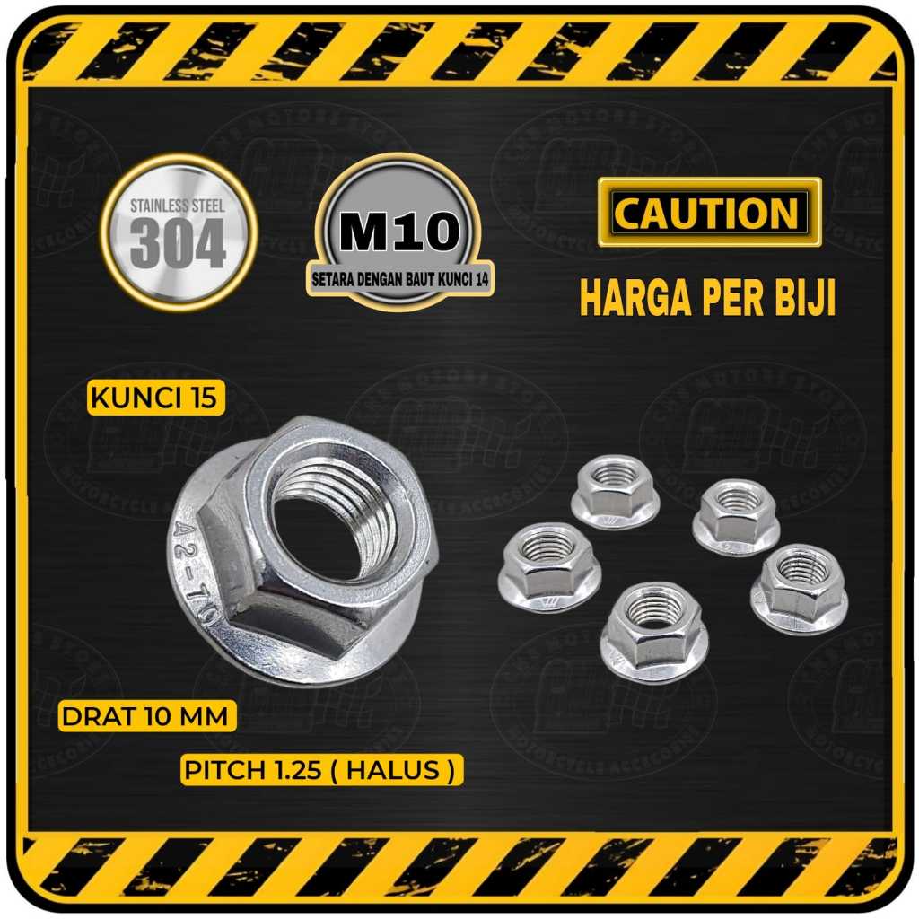 Jual Mur Flange STAINLESS M10 x 1.25 ( Drat Halus ) || Setara untuk Baut Kunci 14 | Shopee Indonesia