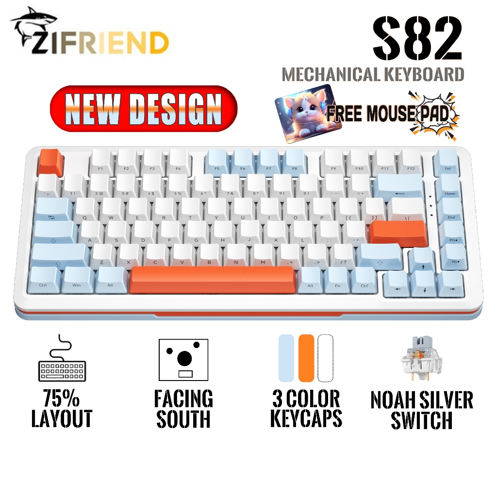 Jual ZIFRIEND S82 Mechanical Gaming Keyboard Hotswap 75% Layout White Light Facing South Wired ...