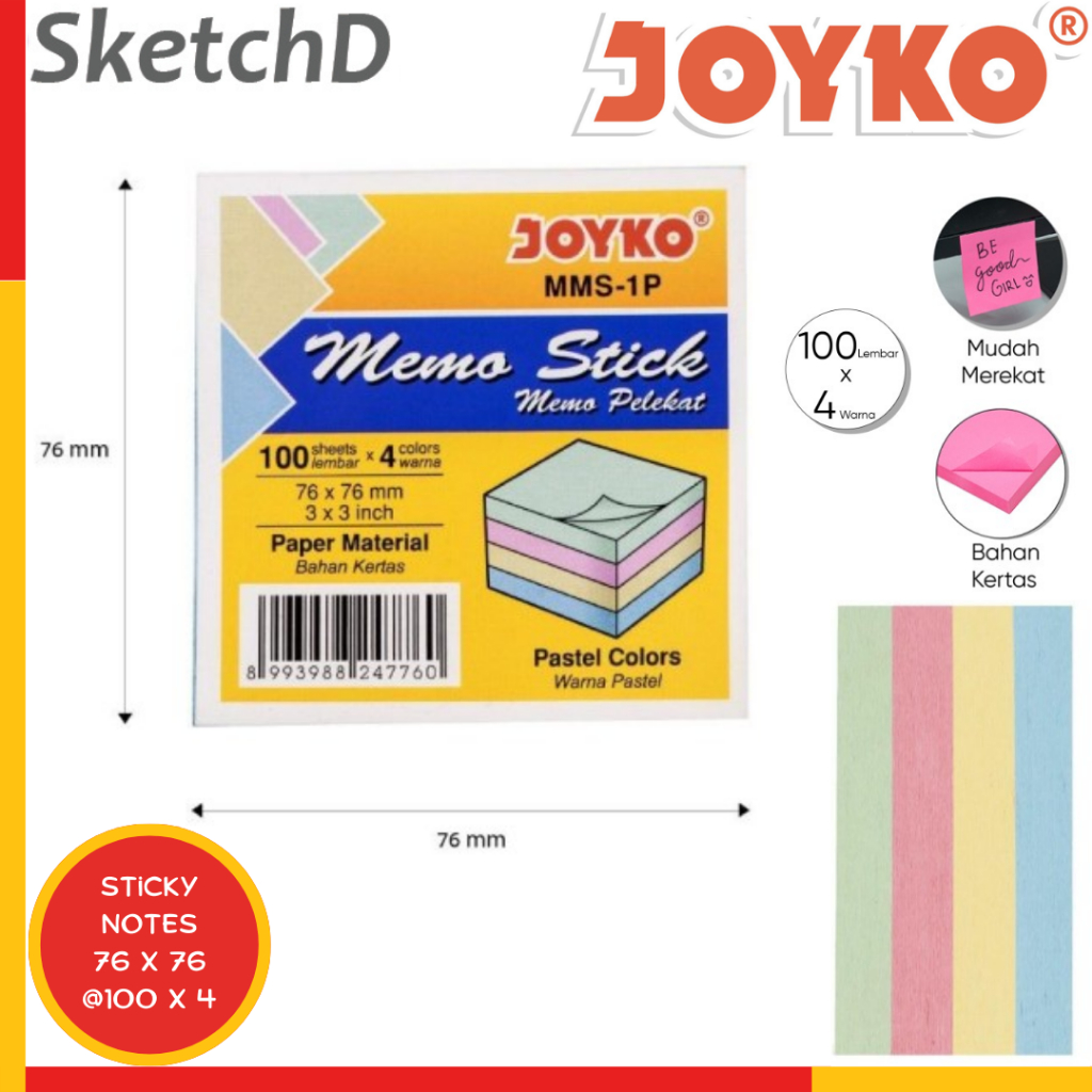 Jual Memo Kertas Tempel Joyko MMS-1P Sticky Notes 4 warna 400 lbr ...