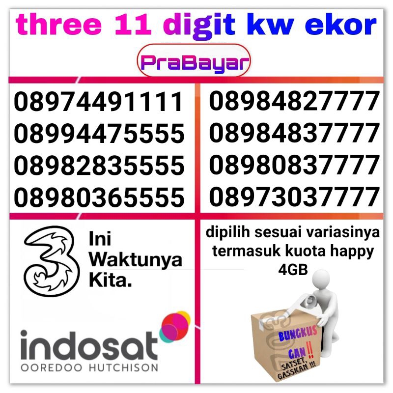 Jual NOMOR CANTIK 11 DIGIT THREE TRI KWARTET KW 7777 1111 5555 | Shopee Indonesia