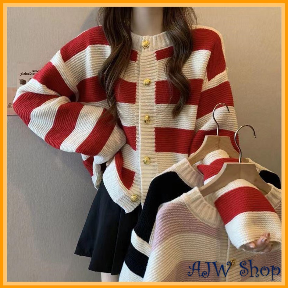 Jual AJW Cardigan Wanita Rajut Striped Kancing Premium Tebal WCM ...