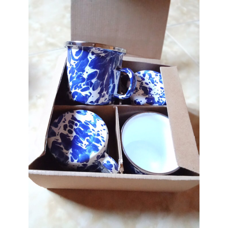 Jual Free Packing, MUG ENAMEL 6 cm / CANGKIR JADUL BIRU LURIK BLIRIK ...
