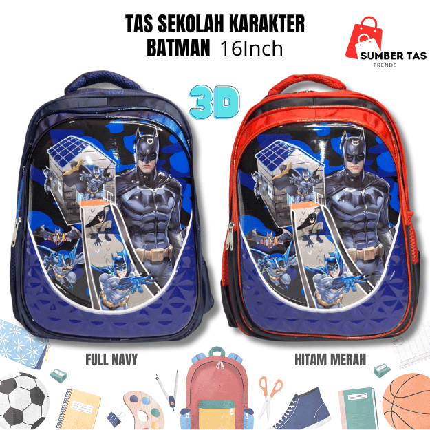 Jual Tas Sekolah 3D BATMAN Ukuran Luas Tas Ransel Anak Laki-Laki Backpack Skolah Karakter BAT ...