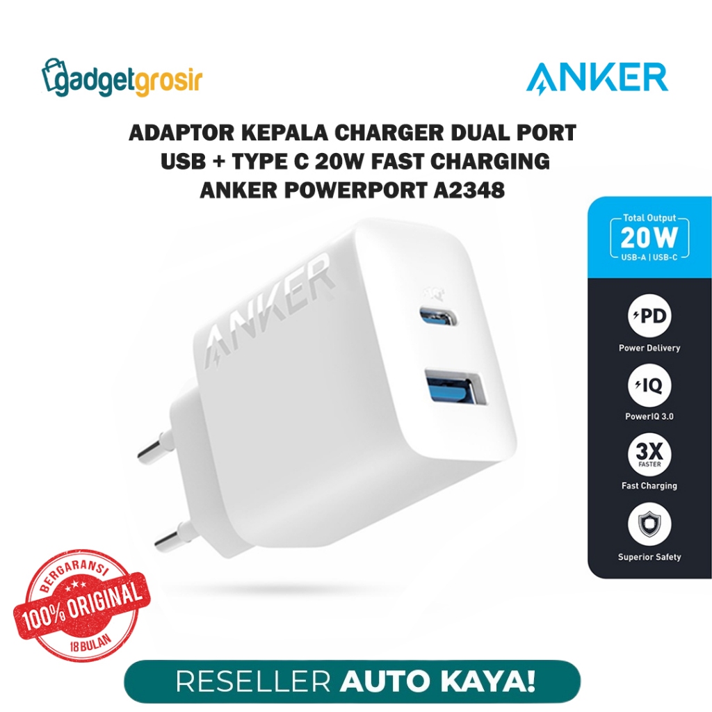 Jual Anker Adaptor Kepala Charger Powerport Dual Port USB A Type C PD 20W Wall Charger A2347 ...