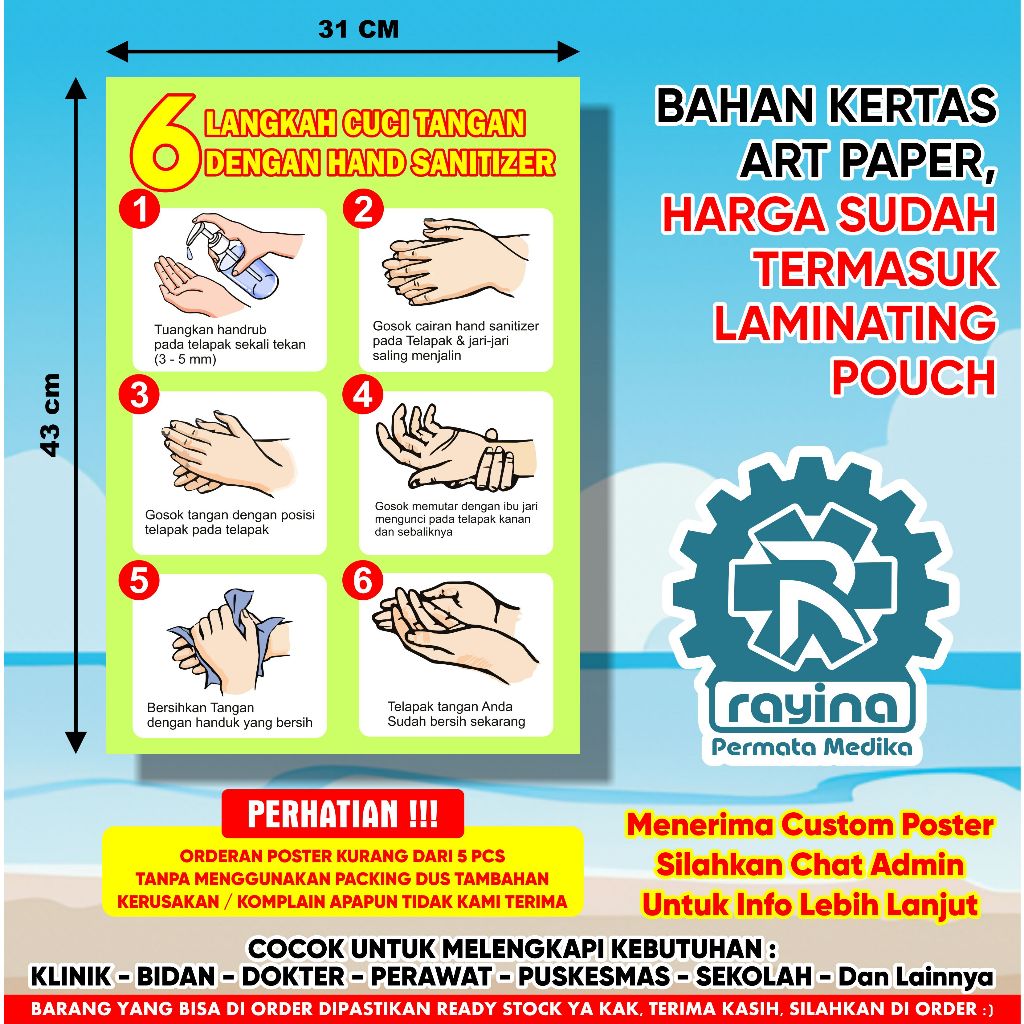 Jual Poster Kesehatan 6 Langkah Cuci Tagan degan Hand Sanitizer ...