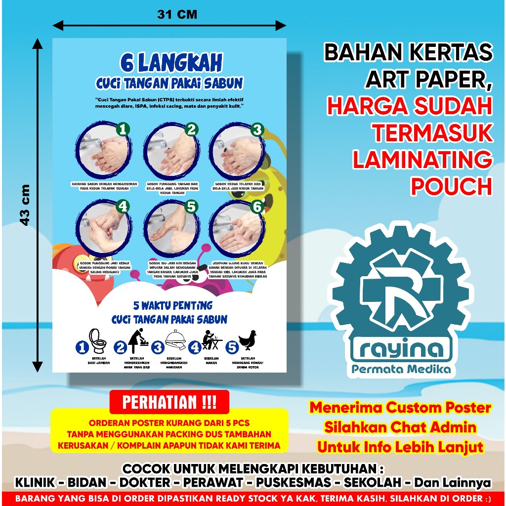Jual Poster Kesehatan 6 Langkah Cuci Tangan Pakai Sabun CTPS | Shopee ...