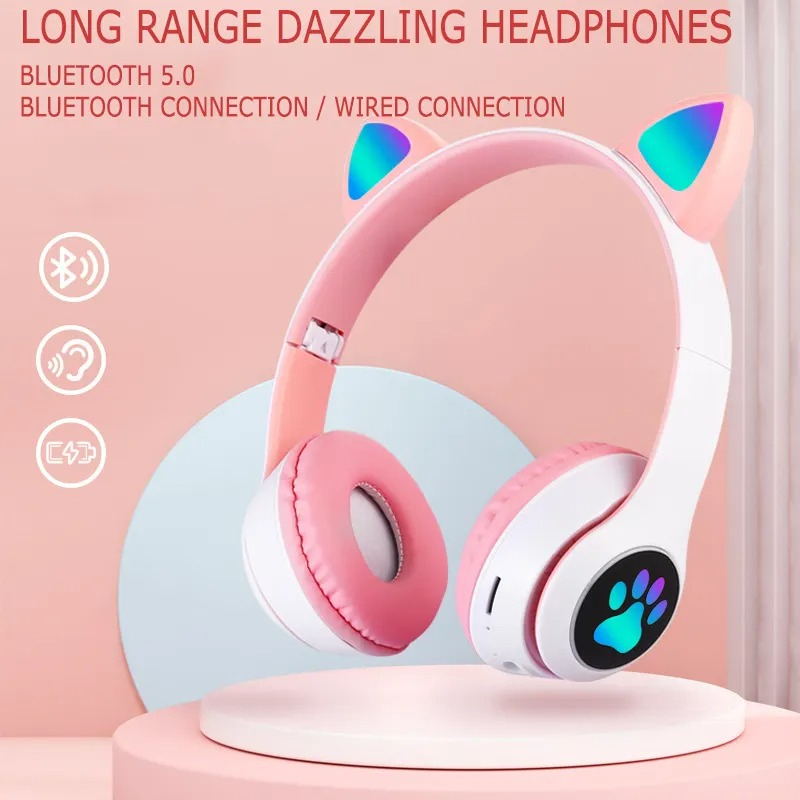 Jual OS-Headphone Bluetooth MZ-023 LED Telinga Kucing Headset Bando ...