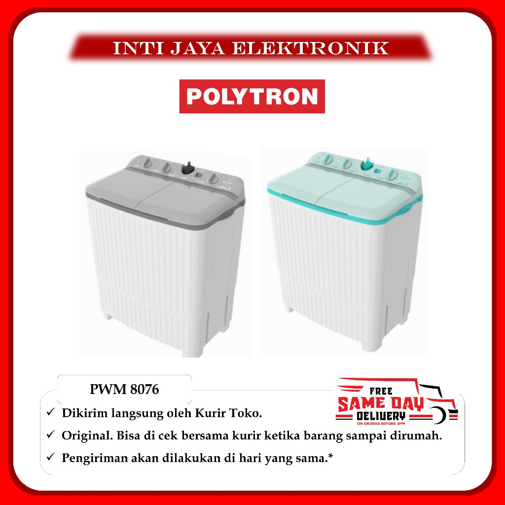 Jual MESIN CUCI POLYTRON 8 KG HIJAB SERIES 2 TABUNG PWM8076 8KG PWM ...