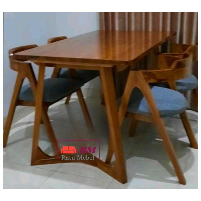 Jual Meja makan set 4 kursi cafe kayu jati kaki v | Shopee Indonesia