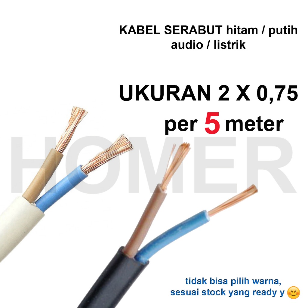 Jual kabel serabut hitam putih audio listrik NYYHY NYMHY 2x0,75 2x0.75 per 5 meter | Shopee ...